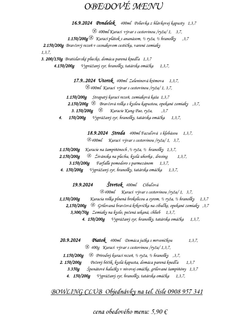 Denné menu – Bowling Bardejov